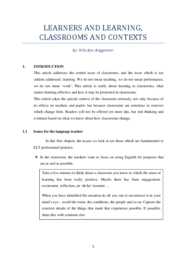 (PDF) LEARNERS AND LEARNING, CLASSROOMS AND CONTEXTS