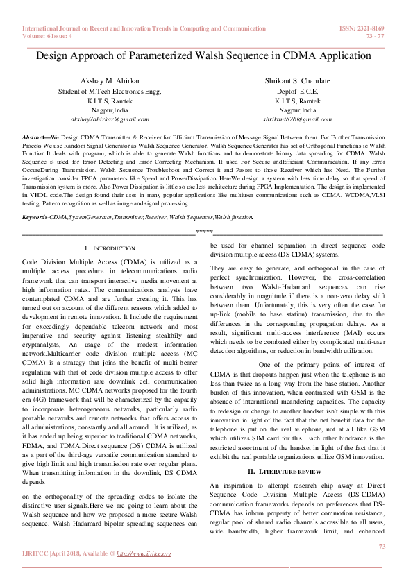 Pdf Design Approach Of Parameterized Walsh Sequence In Cdma