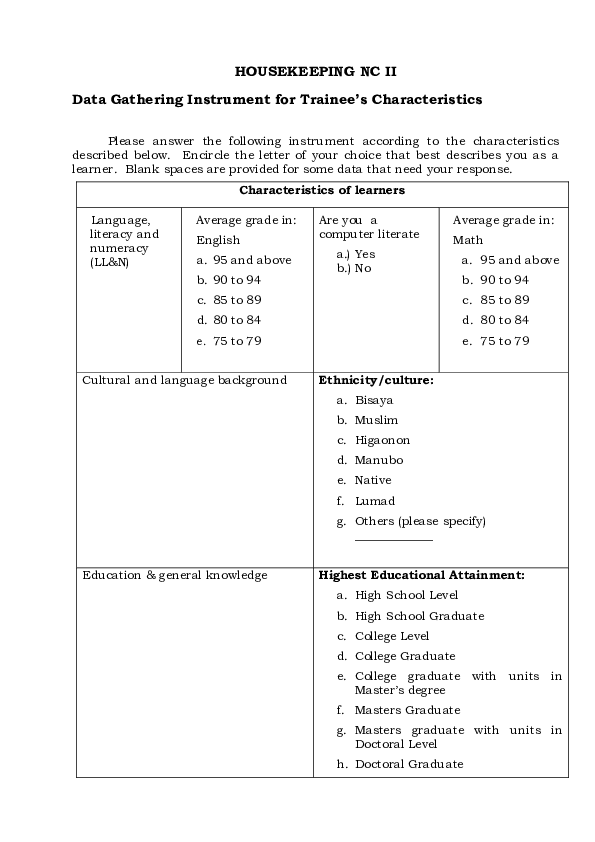 (DOC) HOUSEKEEPING NC II Data Gathering Instrument for Trainee's ...