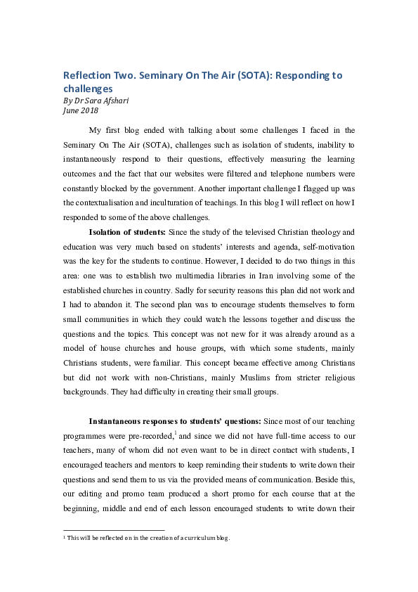 (PDF) Reflection Two. Seminary On The Air (SOTA): Responding to challenges