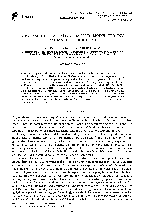 (PDF) A parametric radiative transfer model for sky radiance distribution