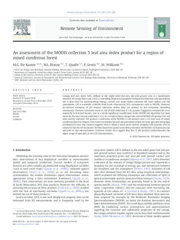 (PDF) Validation of MODIS C5 LAI in Coniferous Forest