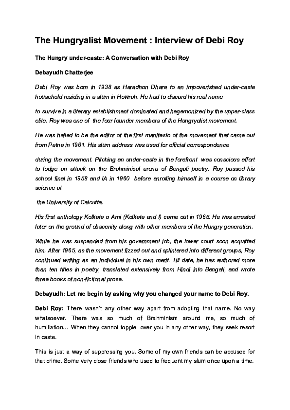 (PDF) The Hungryalist Movement : Interview of Debi Roy The Hungry under-caste: A Conversation ...