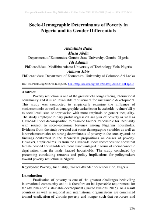 (PDF) Socio-Demographic Determinants of Poverty in Nigeria and its Gender Differentials