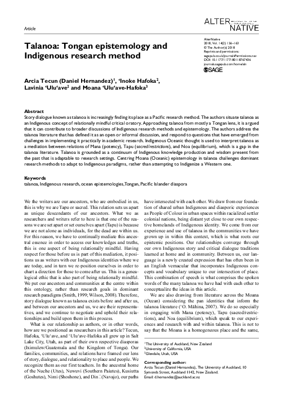(PDF) Talanoa: Tongan Epistemology and Indigenous Research Method