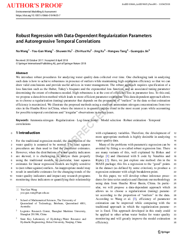 (PDF) AUTHOR'S PROOF Robust Regression with Data-Dependent Regularization Parameters and ...