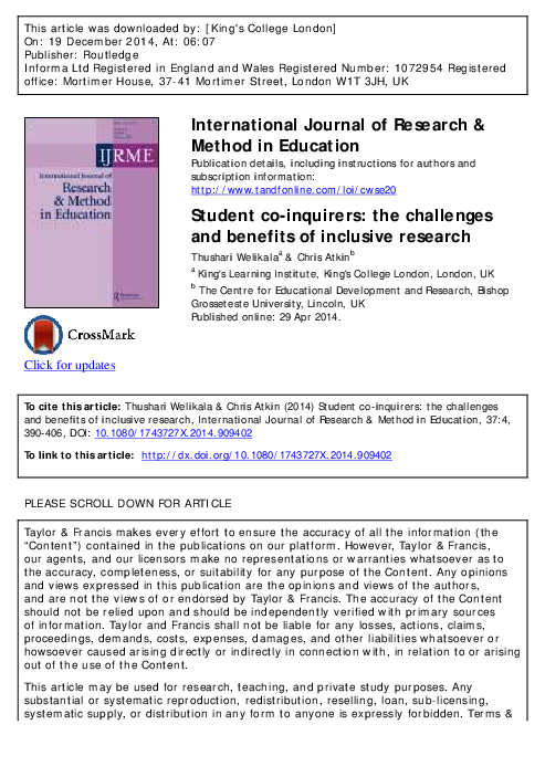 (PDF) Inclusive Student Research: Benefits and Challenges