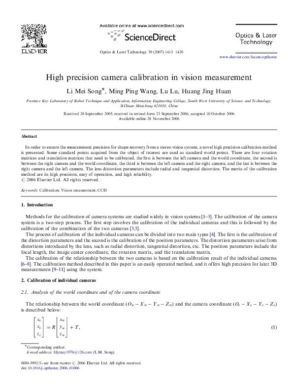 Pdf High Precision Camera Calibration In Vision Measurement