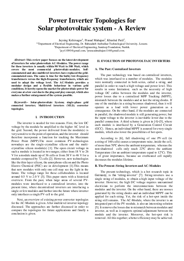(PDF) Power Inverter Topologies for Solar photovoltaic system -A Review