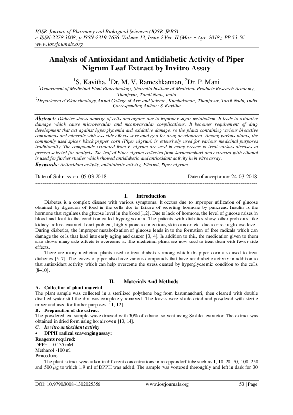 (PDF) Analysis of Antioxidant and Antidiabetic Activity of Piper Nigrum ...