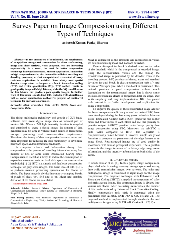 (PDF) Survey Paper on Image Compression using Different Types of Techniques (PDF) Survey Paper on Image Compression using Different Types of Techniques
