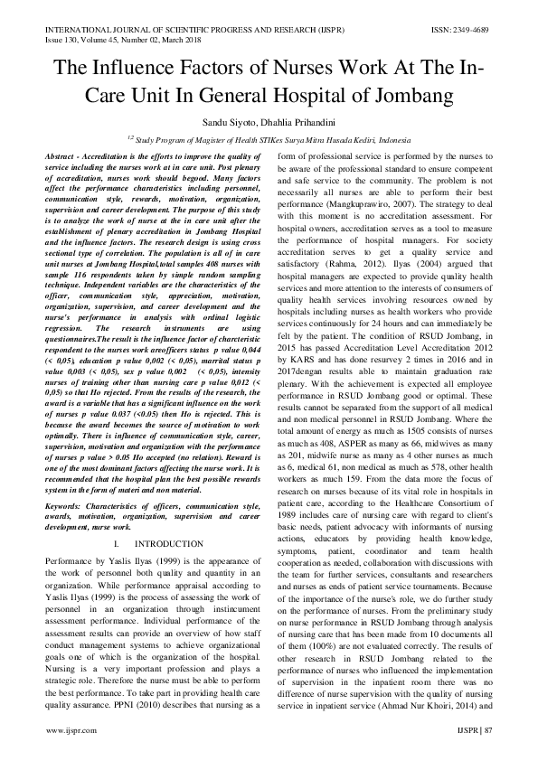 (PDF) The Influence Factors of Nurses Work At The In- Care Unit In ...