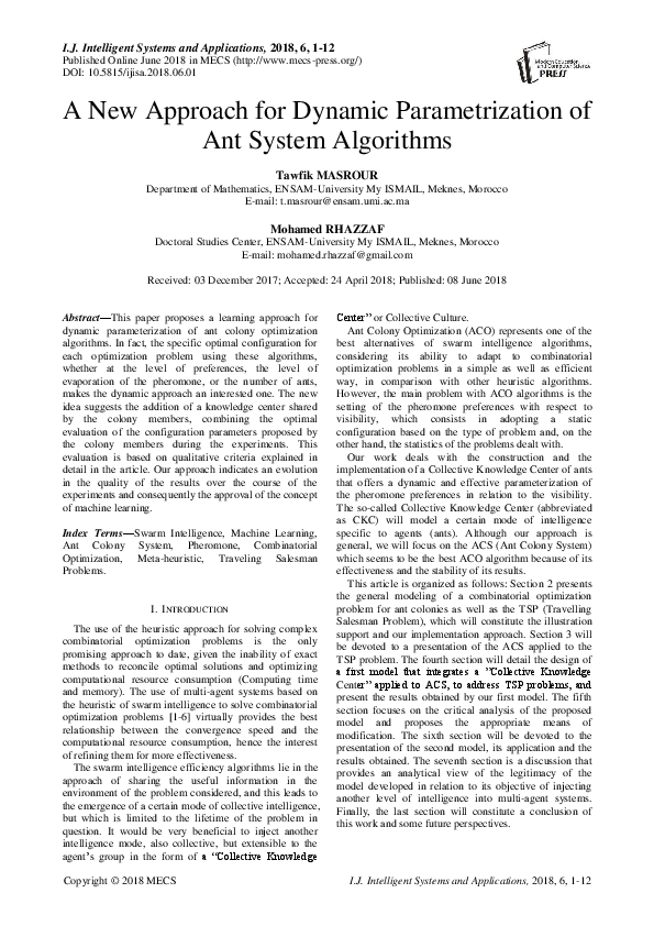 (PDF) A New Approach for Dynamic Parametrization of Ant System Algorithms