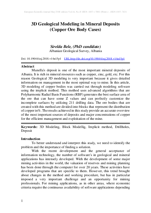 (PDF) 3D Geological Modeling in Mineral Deposits (Copper Ore Body Cases)