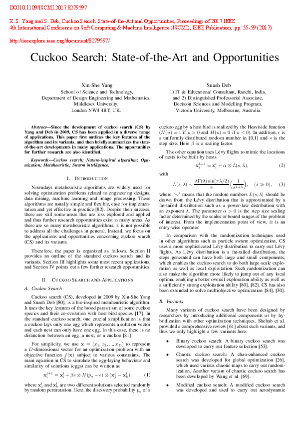(PDF) Cuckoo Search: State-of-the-Art and Opportunities