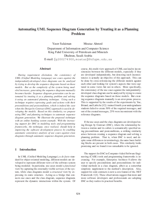 (PDF) Automating UML Sequence Diagram Generation by Treating it as a Planning Problem
