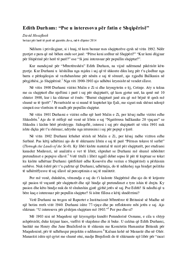 (PDF) Edith Durham: "Pse u interesova për fatin e Shqipërisë"
