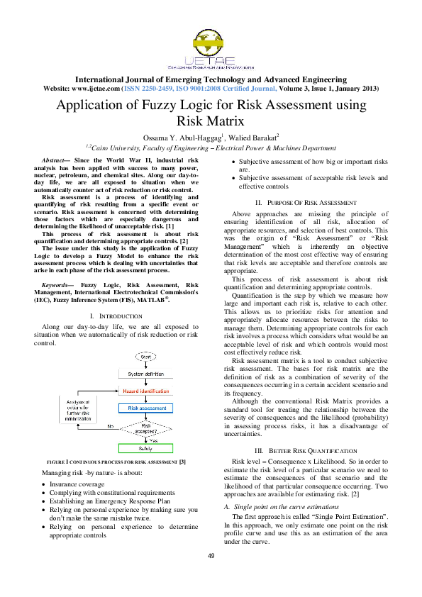 Pdf Application Of Fuzzy Logic For Risk Assessment Using Risk Matrix
