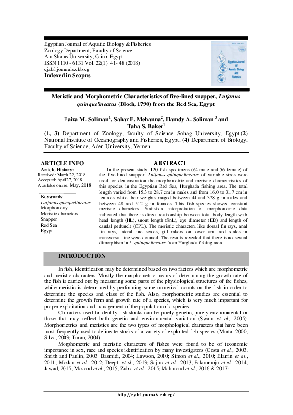 (PDF) Meristic and Morphometric Characteristics of five-lined snapper ...