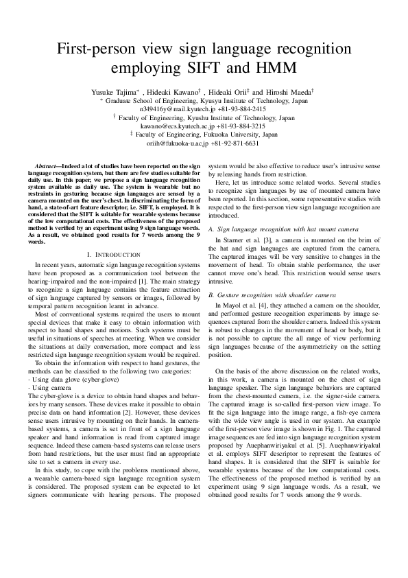 (PDF) First-person view sign language recognition employing SIFT and HMM