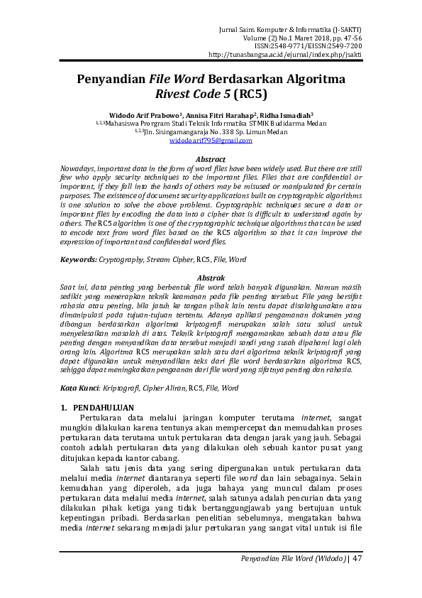 Pdf Penyandian File Word Berdasarkan Algoritma Rivest Code 5 Rc5