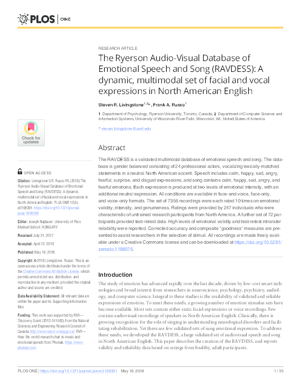 (PDF) The Ryerson Audio-Visual Database of Emotional Speech and Song ...