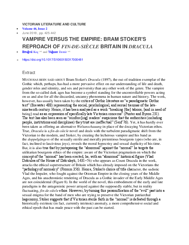 (DOC) VICTORIAN LITERATURE AND CULTURE VAMPIRE VERSUS THE EMPIRE BRAM ...