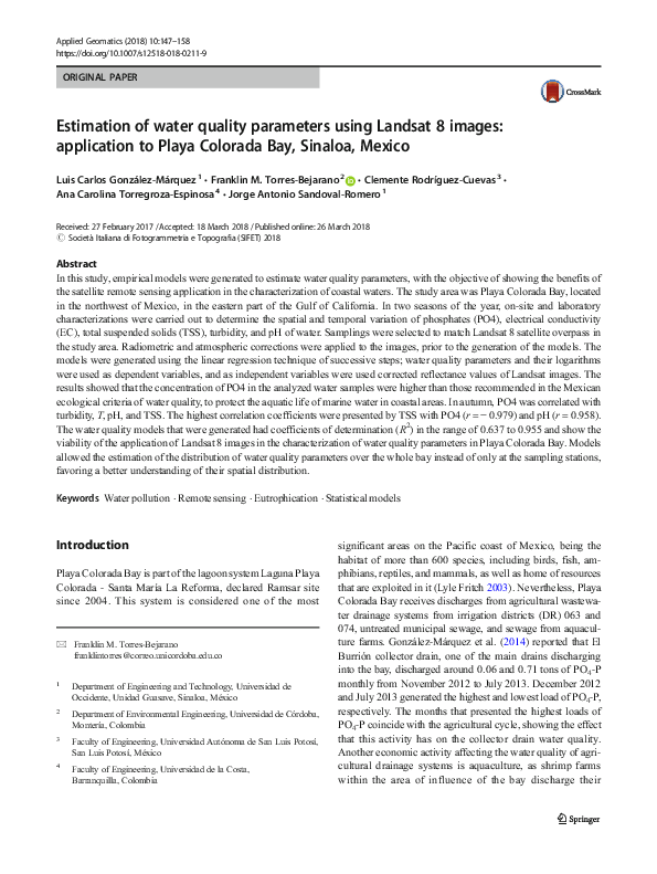 (PDF) Estimation of water quality parameters using Landsat 8 images: application to Playa ...
