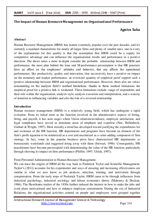 Pdf The Impact Of Human Resource Management On Organizational Performance