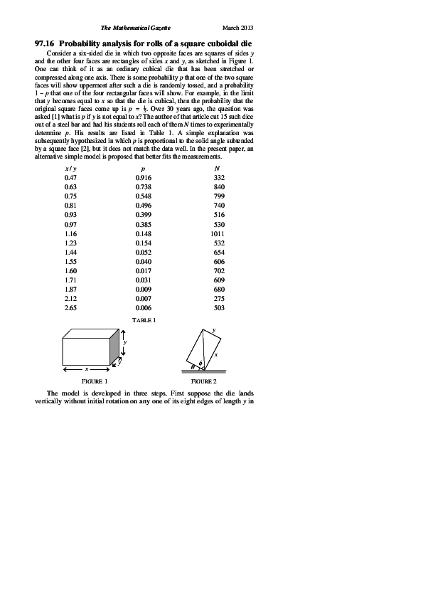 (PDF) Probability analysis for rolls of a square cuboidal die