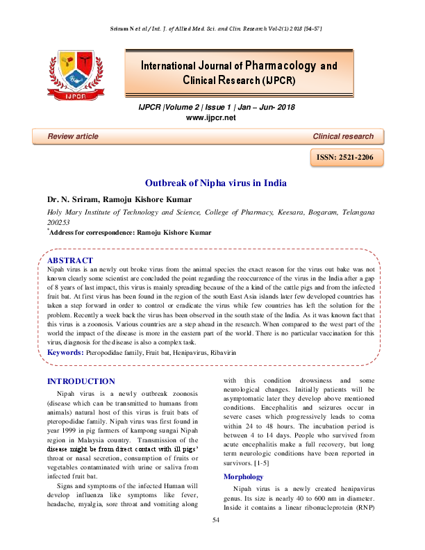 (PDF) Outbreak of Nipha virus in India