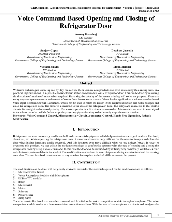 Pdf Voice Command Based Opening And Closing Of Refrigerator Door