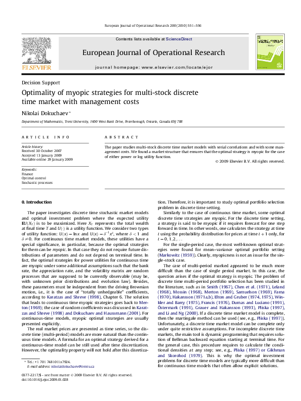 Pdf Optimality Of Myopic Strategies For Multi Stock Discrete Time