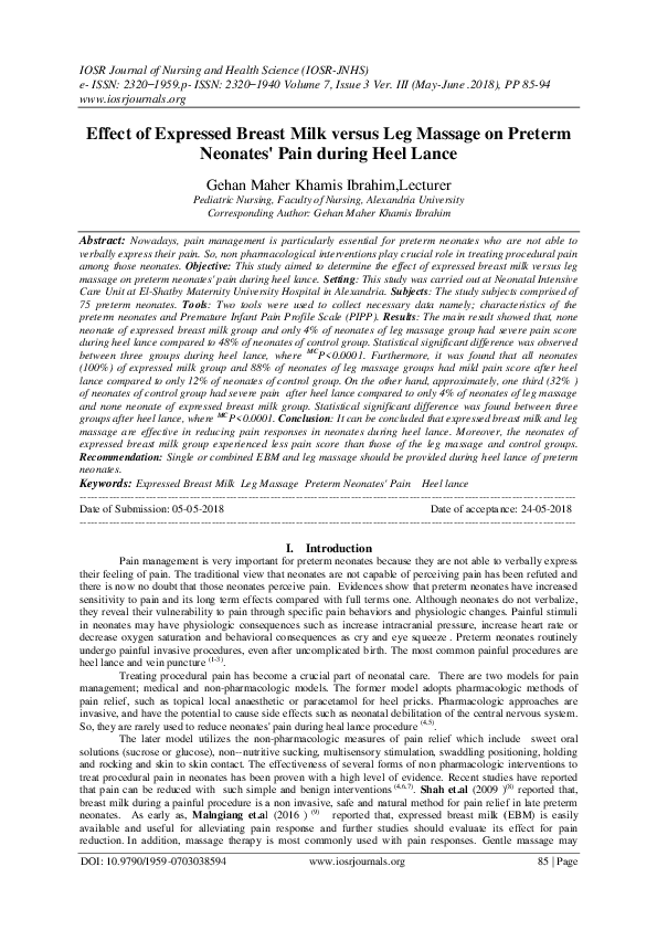 (PDF) Effect of Expressed Breast Milk versus Leg Massage on Preterm ...