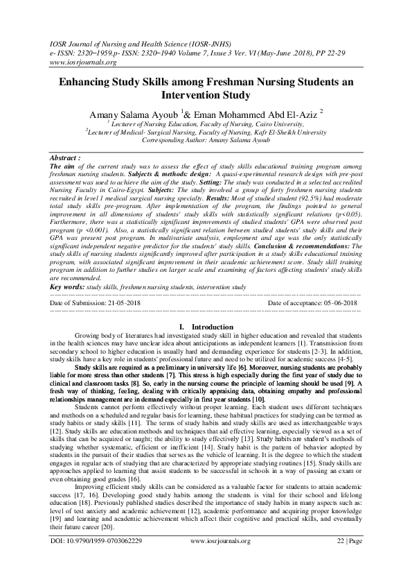 (PDF) Enhancing Study Skills among Freshman Nursing Students an ...