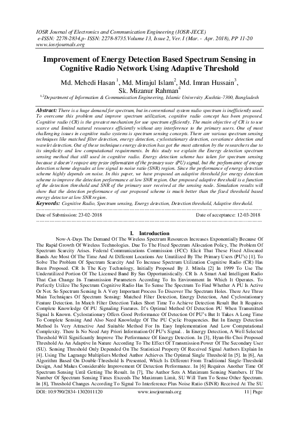Pdf Improvement Of Energy Detection Based Spectrum Sensing In Cognitive Radio Network Using