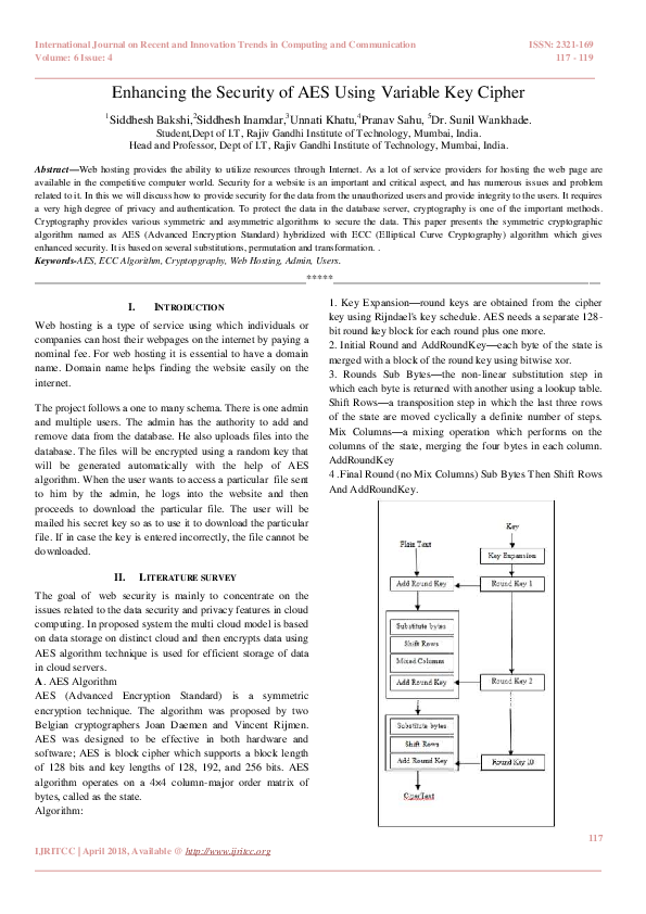 Pdf Enhancing The Security Of Aes Using Variable Key Cipher International Journal Ijritcc