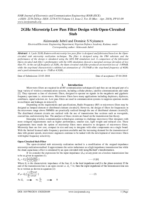 (PDF) 2GHz Microstrip Low Pass Filter Design with Open-Circuited Stub