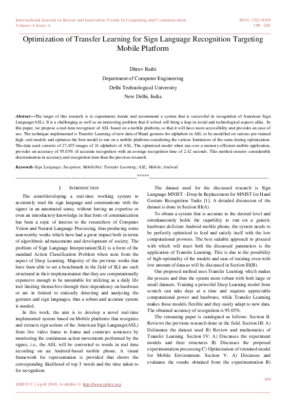 Pdf Optimization Of Transfer Learning For Sign Language Recognition Targeting Mobile Platform