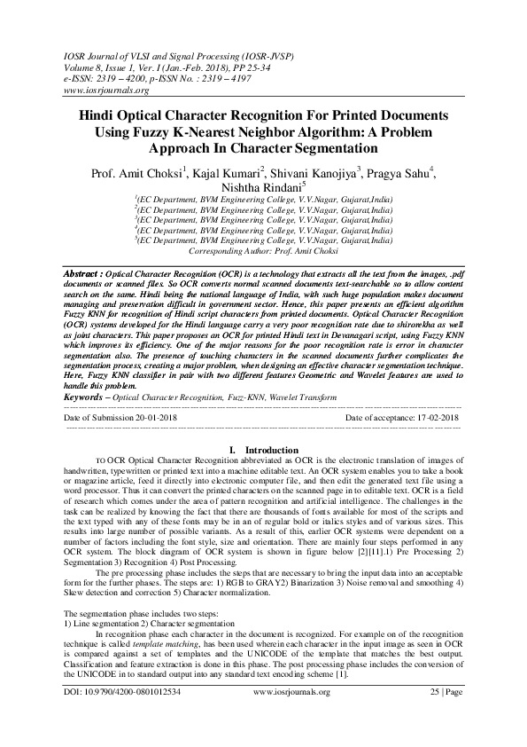 (PDF) Hindi Optical Character Recognition For Printed Documents Using Fuzzy K-Nearest Neighbor ...