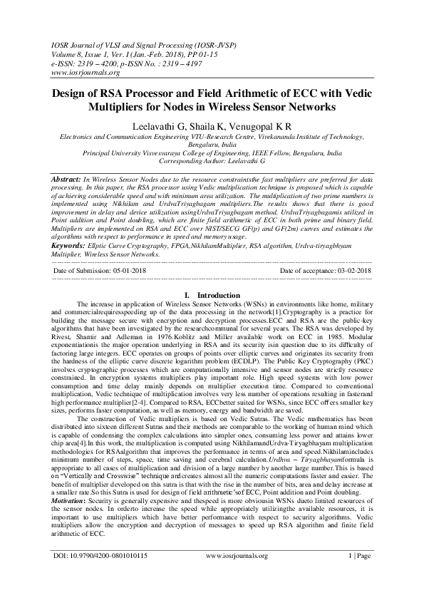 Pdf Design Of Rsa Processor And Field Arithmetic Of Ecc With Vedic Multipliers For Nodes In
