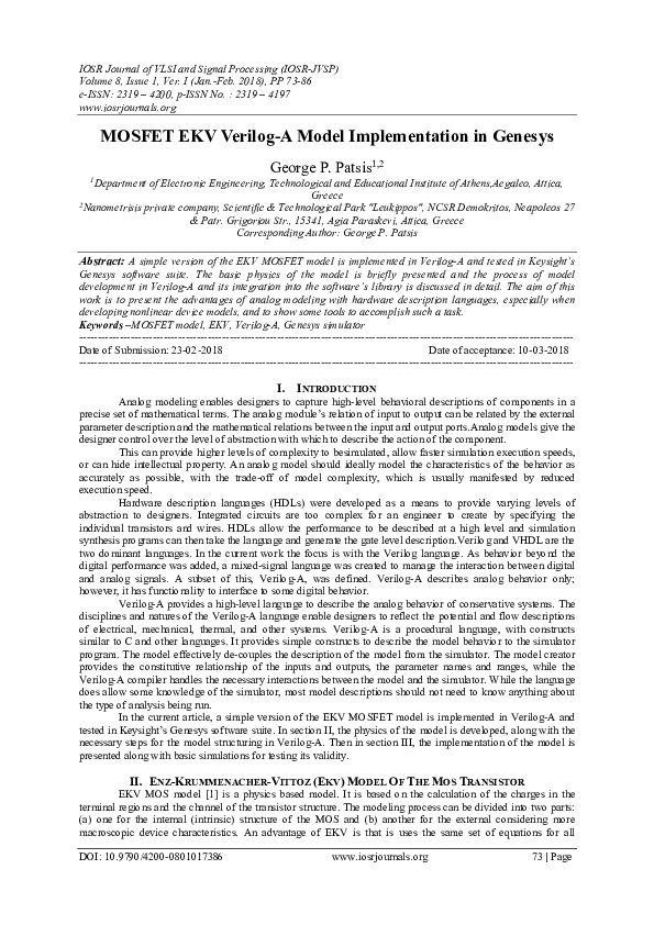Pdf Mosfet Ekv Verilog A Model Implementation In Genesys 
