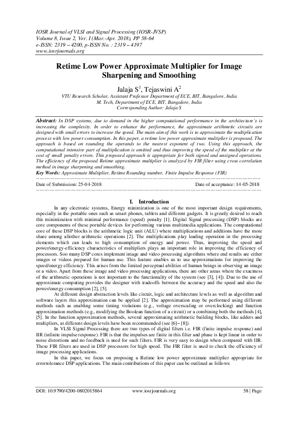 Pdf Retime Low Power Approximate Multiplier For Image Sharpening And Smoothing Iosr Journals