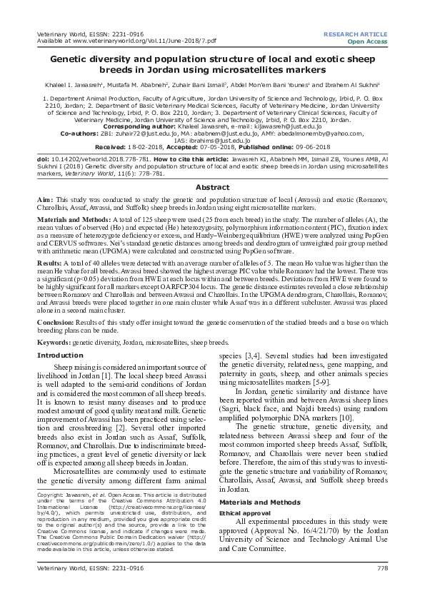 (PDF) Genetic diversity and population structure of local and exotic sheep breeds in Jordan ...