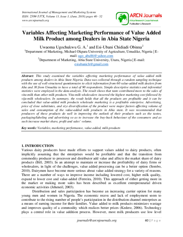 (PDF) Variables Affecting Marketing Performance of Value Added Milk ...