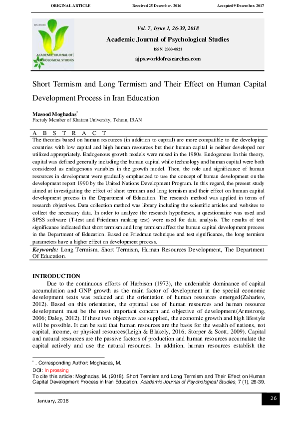 (PDF) Short Termism and Long Termism and Their Effect on Human Capital ...