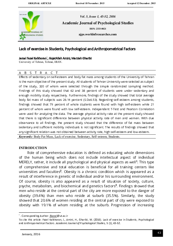 (PDF) Lack of exercise in Students, Psychological and Anthropometrical ...