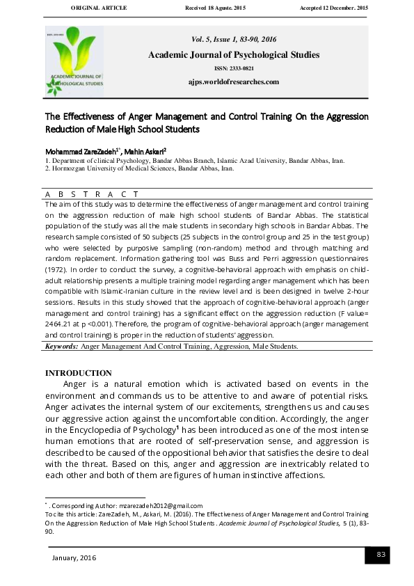 (PDF) The Effectiveness of Anger Management and Control Training On the ...