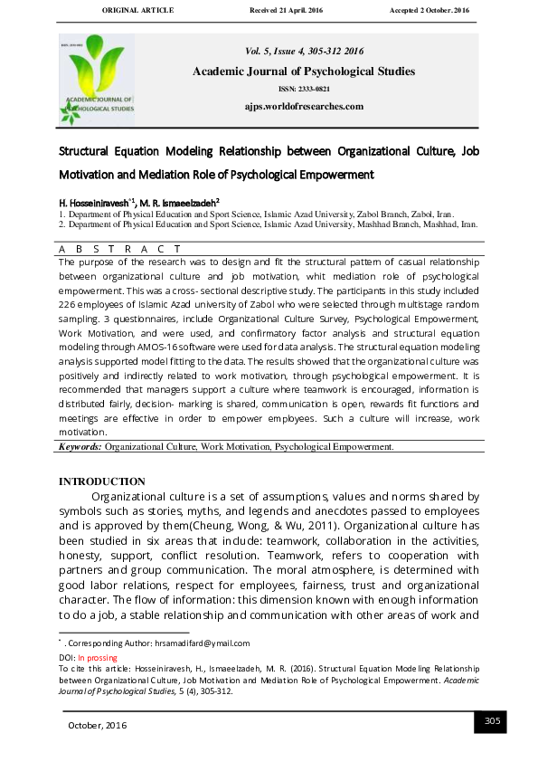 (PDF) Structural Equation Modeling Relationship between Organizational Culture, Job Motivation ...