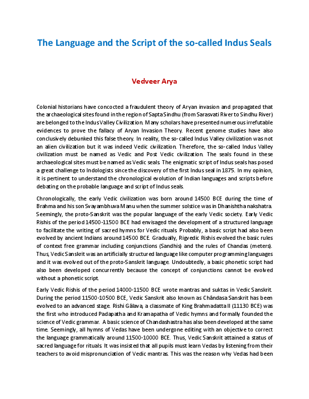 (PDF) The Language and the Script of the so-called Indus Seals